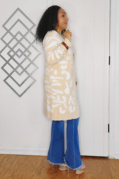 101024 The Ivory Animal Print Open Front Long Sleeve Cardigan Sweater ...